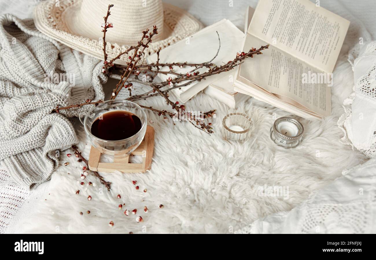 Homemade still life with a cup of tea and spring home decor items Stock ...