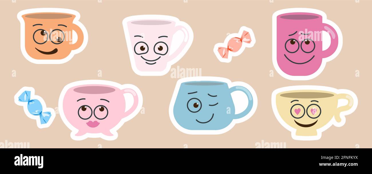 Funny cups stickers set. Cute sticky labels decorated with smile face ...