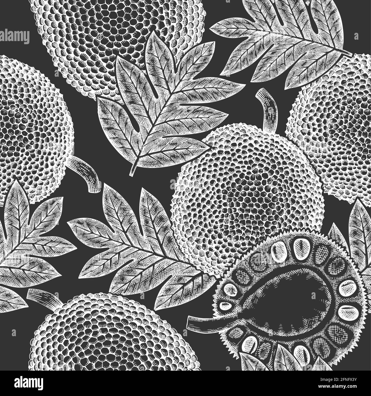 Hand drawn sketch style jackfruit seamless pattern. Organic fresh fruit vector illustration on ...