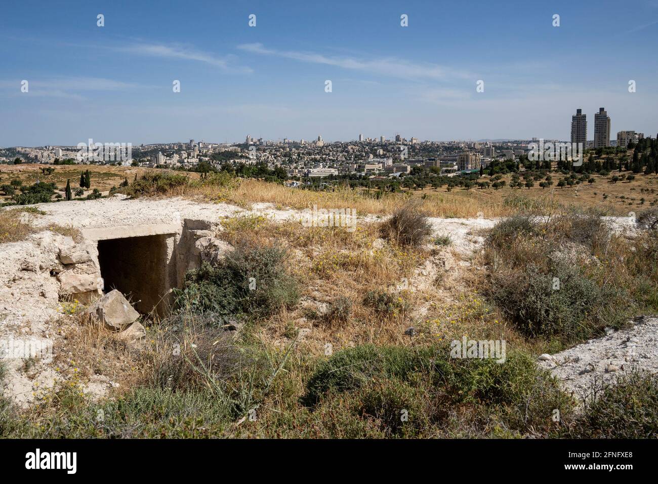 Jerusalem, Israel - May 6th, 2021: A jordanian bunker, ruined in the ...