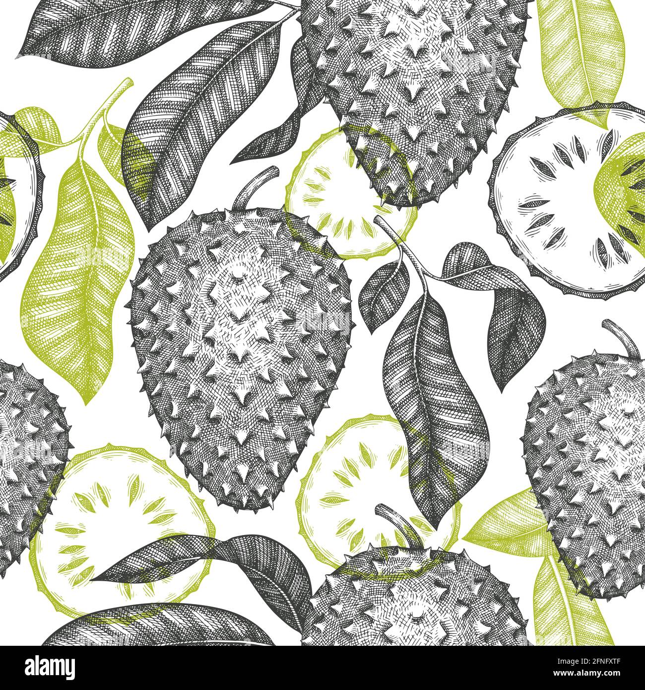 Hand drawn sketch style soursop fruit seamless pattern. Organic fresh fruit vector illustration ...