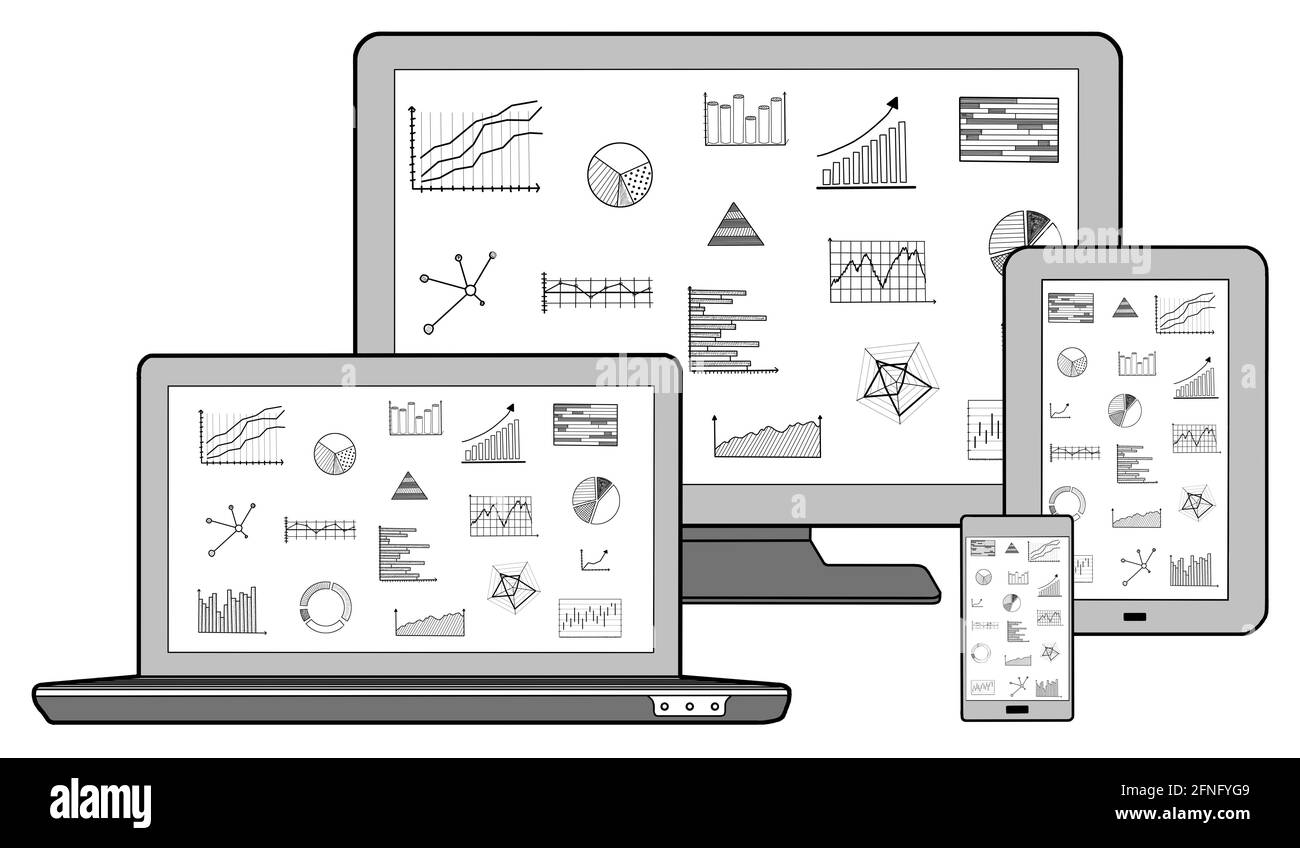 Laptop pie chart on screen Black and White Stock Photos & Images - Alamy