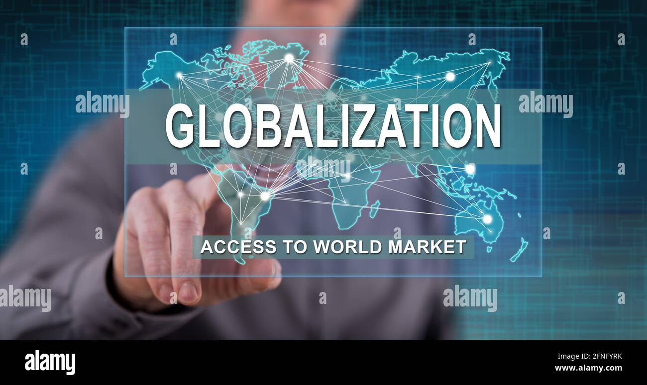 Man touching a globalization concept on a touch screen with his finger ...