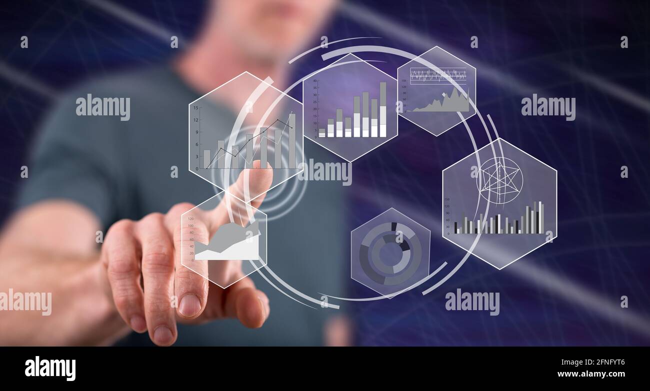 Man touching a data analysis concept on a touch screen with his finger ...