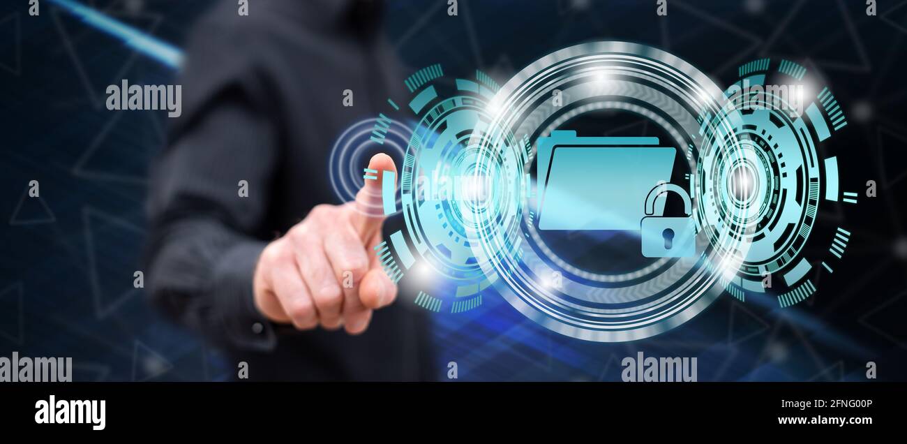 Man touching a data security concept on a touch screen with his finger ...