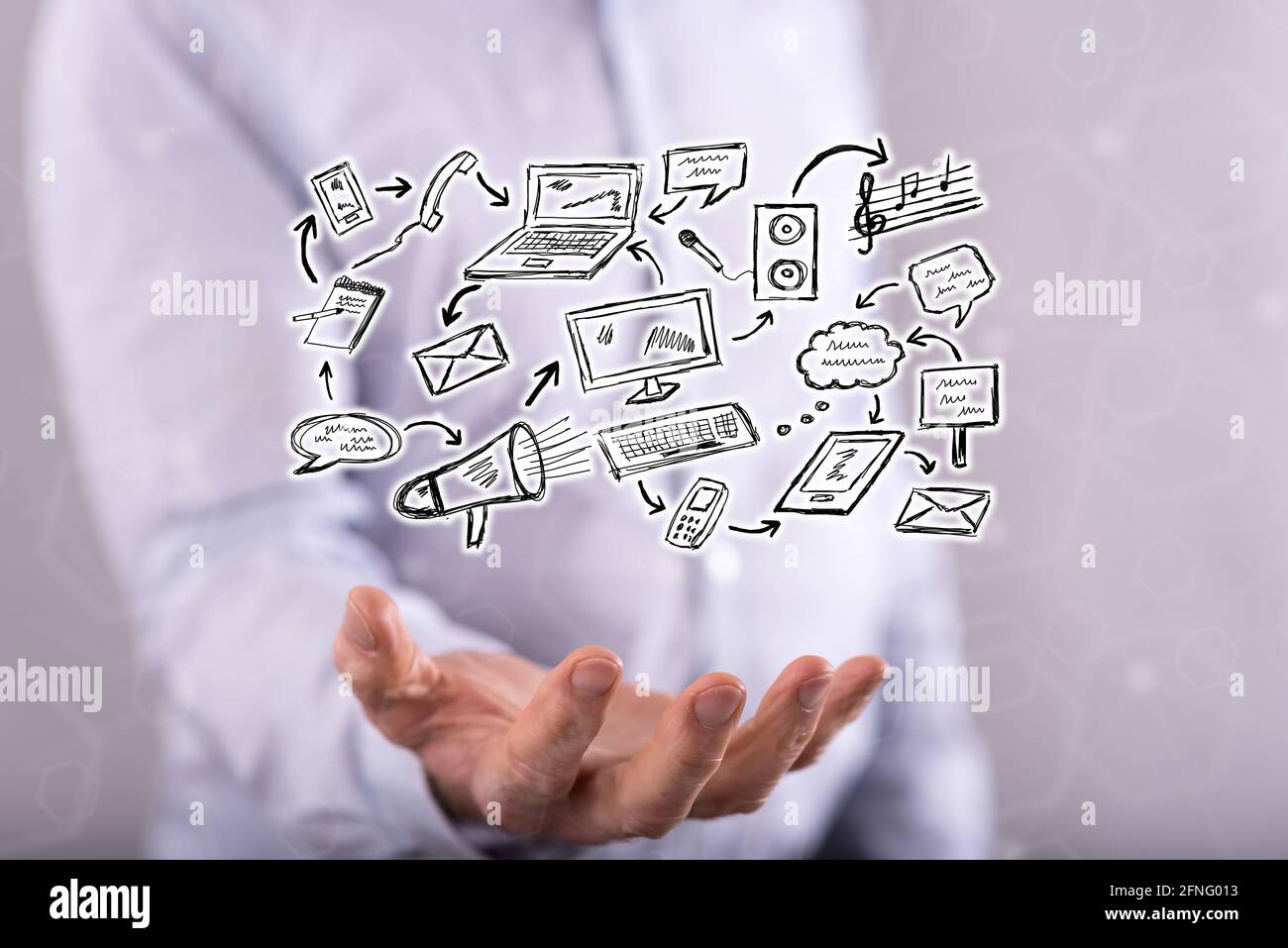 Communication concept above the hand of a man in background Stock Photo ...