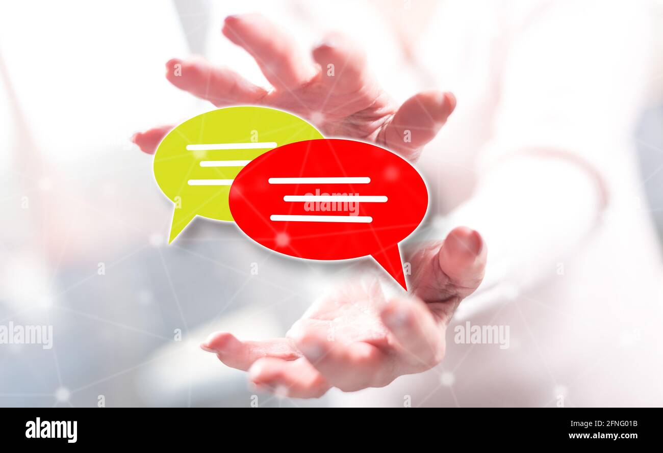Communication concept between hands of a woman in background Stock ...