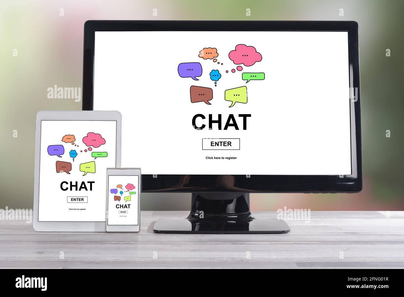 Chat concept shown on different information technology devices Stock ...