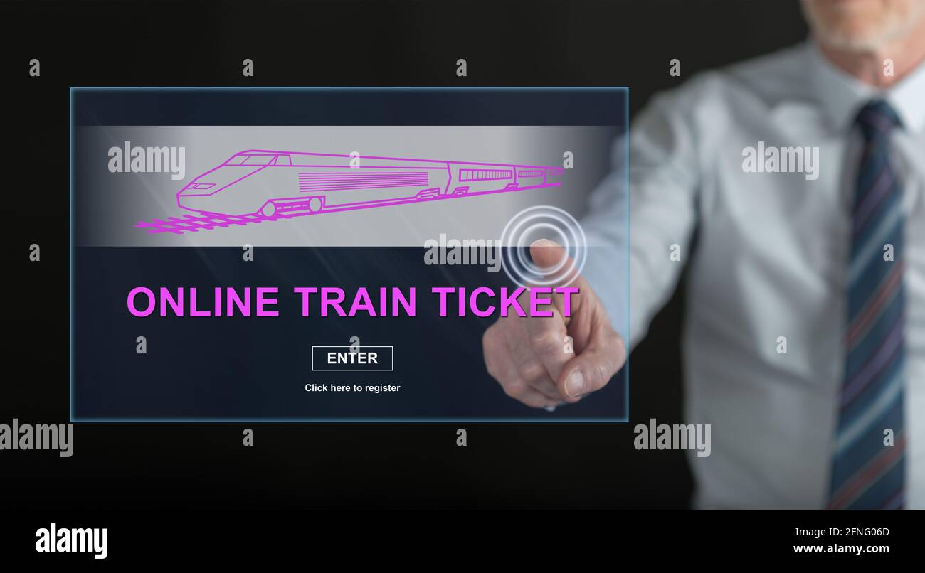 Man touching an online train ticket concept on a touch screen with his ...