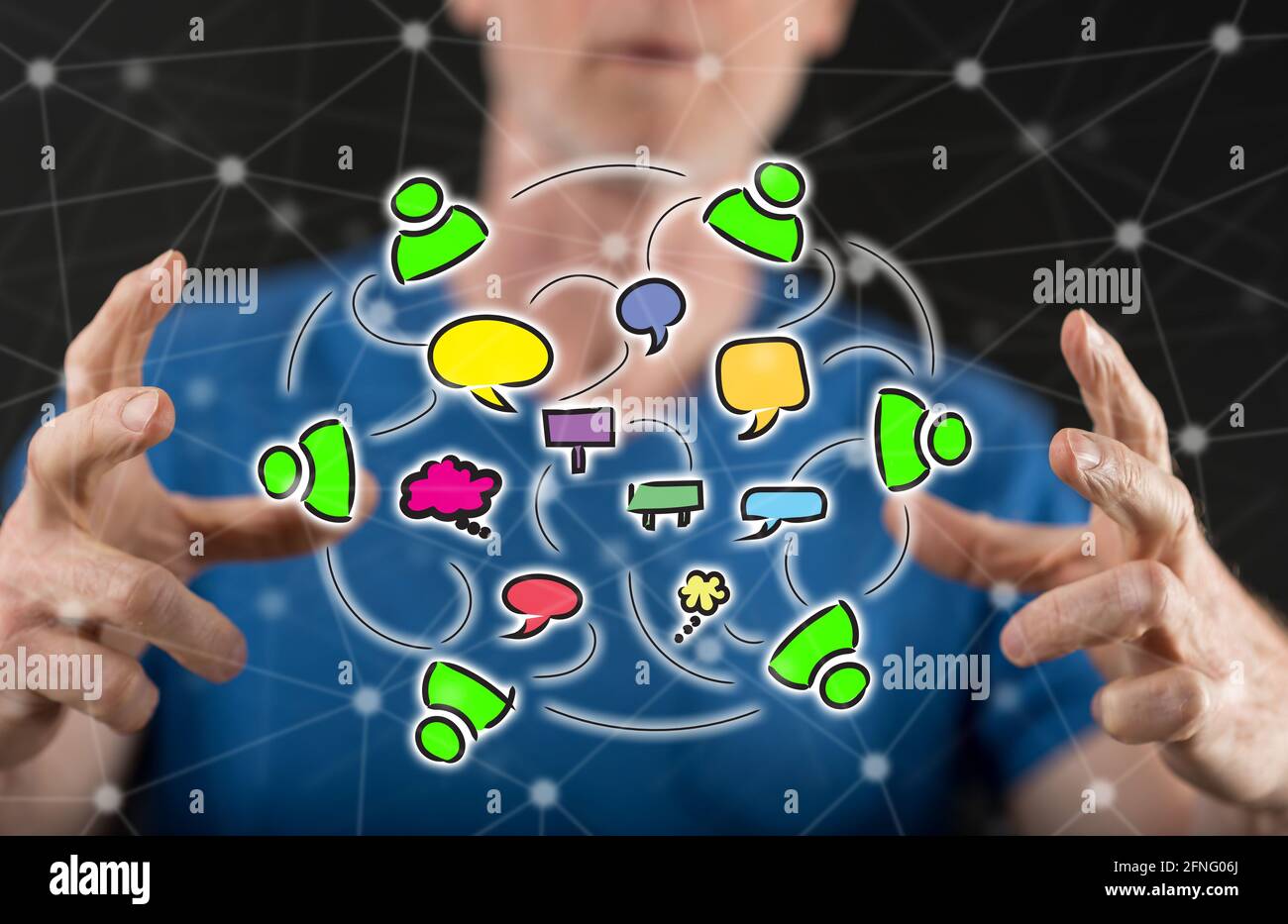 Communication concept between hands of a man in background Stock Photo ...