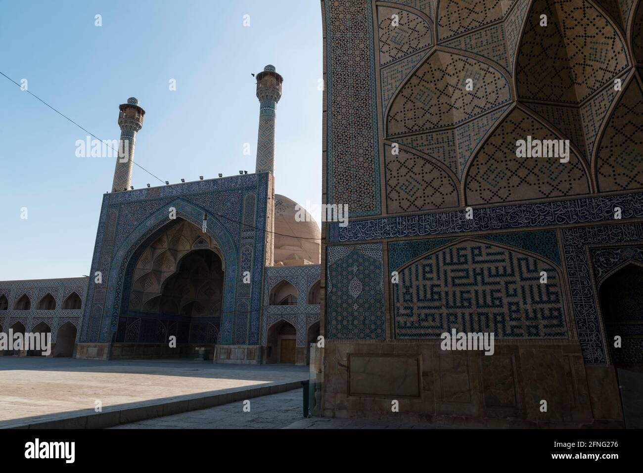 Friday Mosque, Isfahan, Iran. South iwan with minarets and dome seen ...
