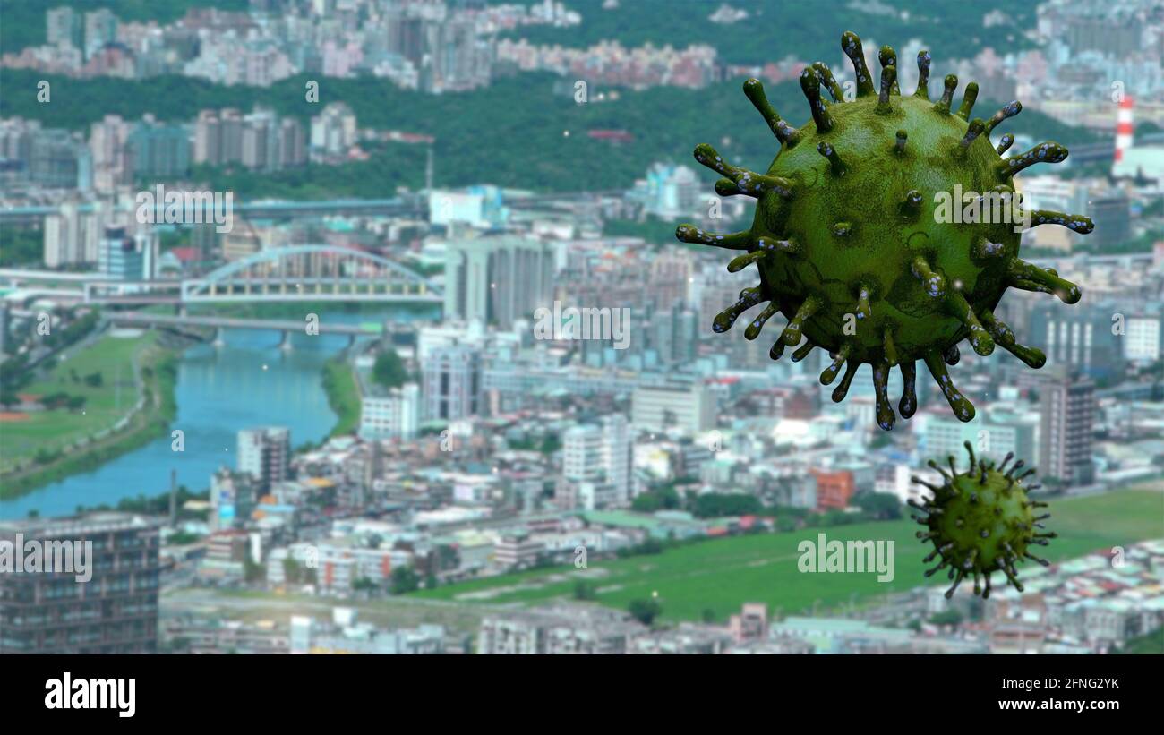 3D illustration. Top aerial view of Taiwan tall buildings in the ...