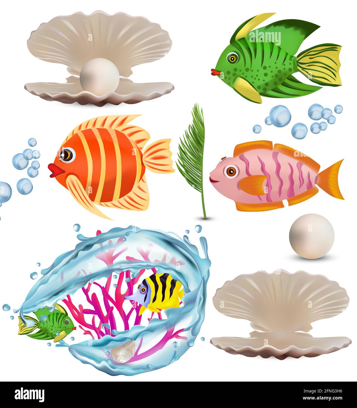 Funny Tropicals colorful fish, seaweed, corals, shell with pearl, water ...