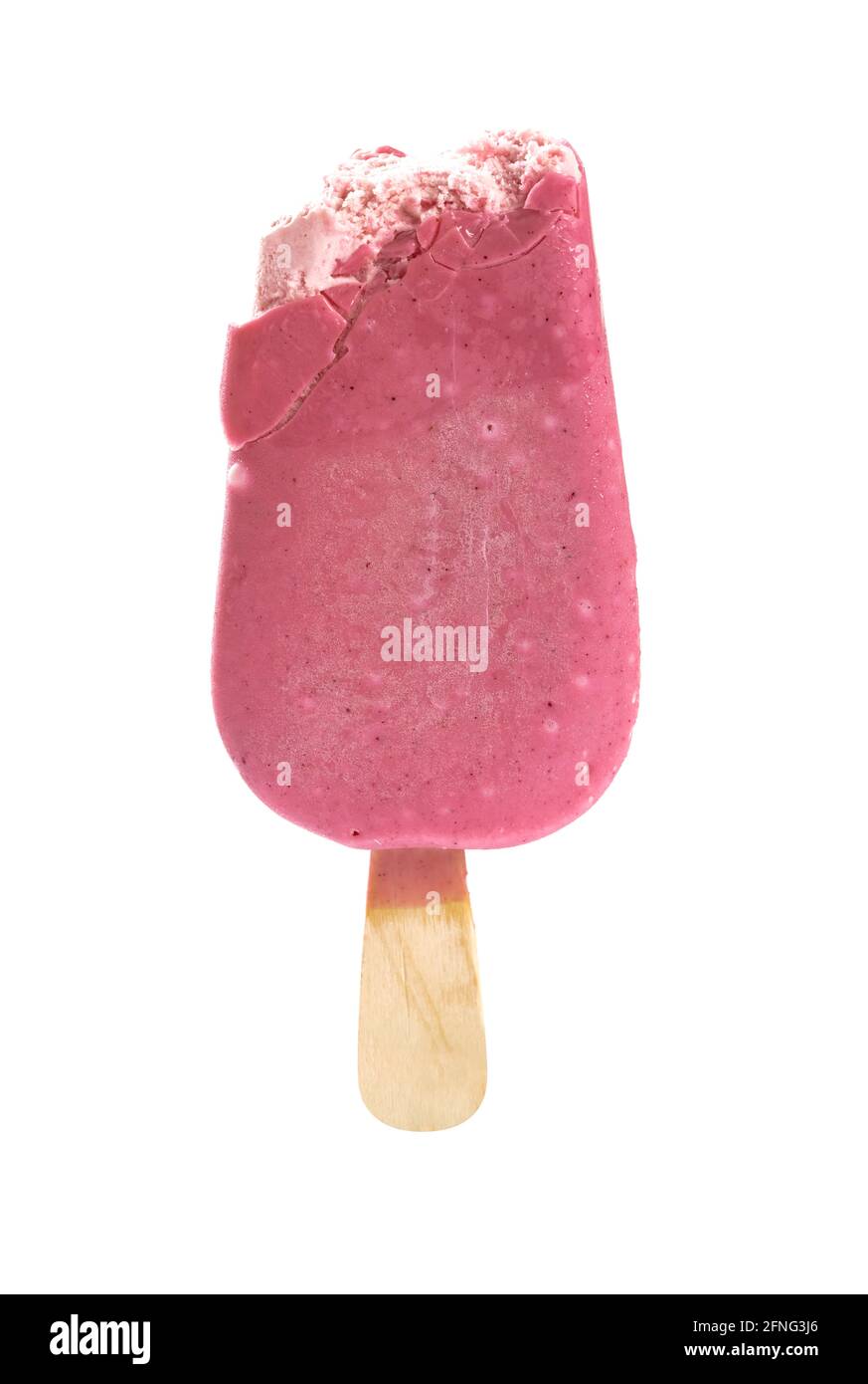 red color chocolate outer popsicle with couple of bites on a white ...