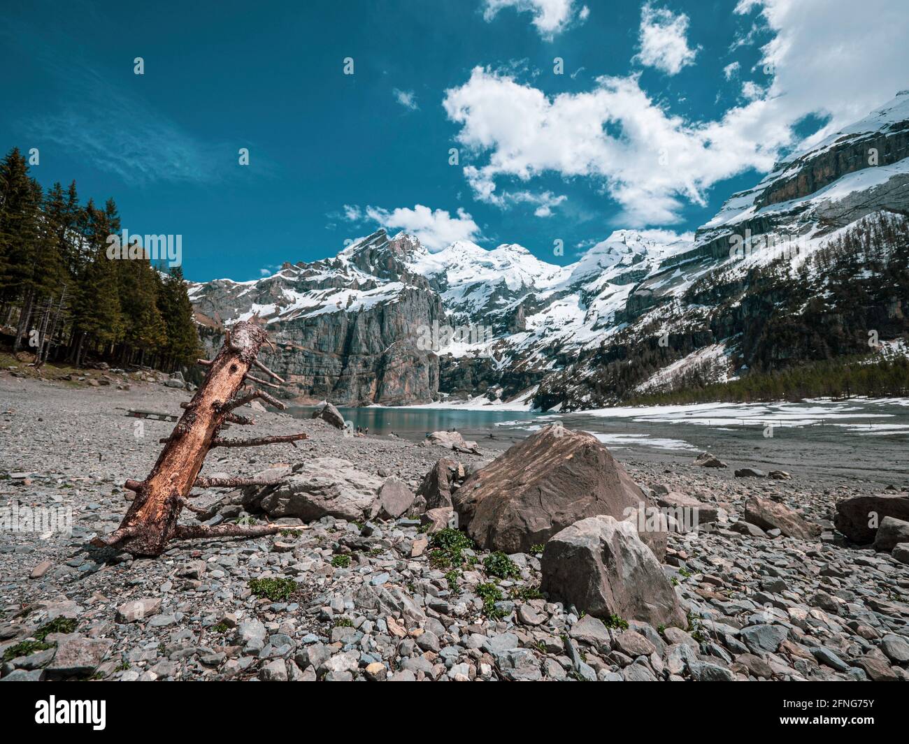 High alpine lake of Oeschinensee in Kandersteg, Switzerland. The ...