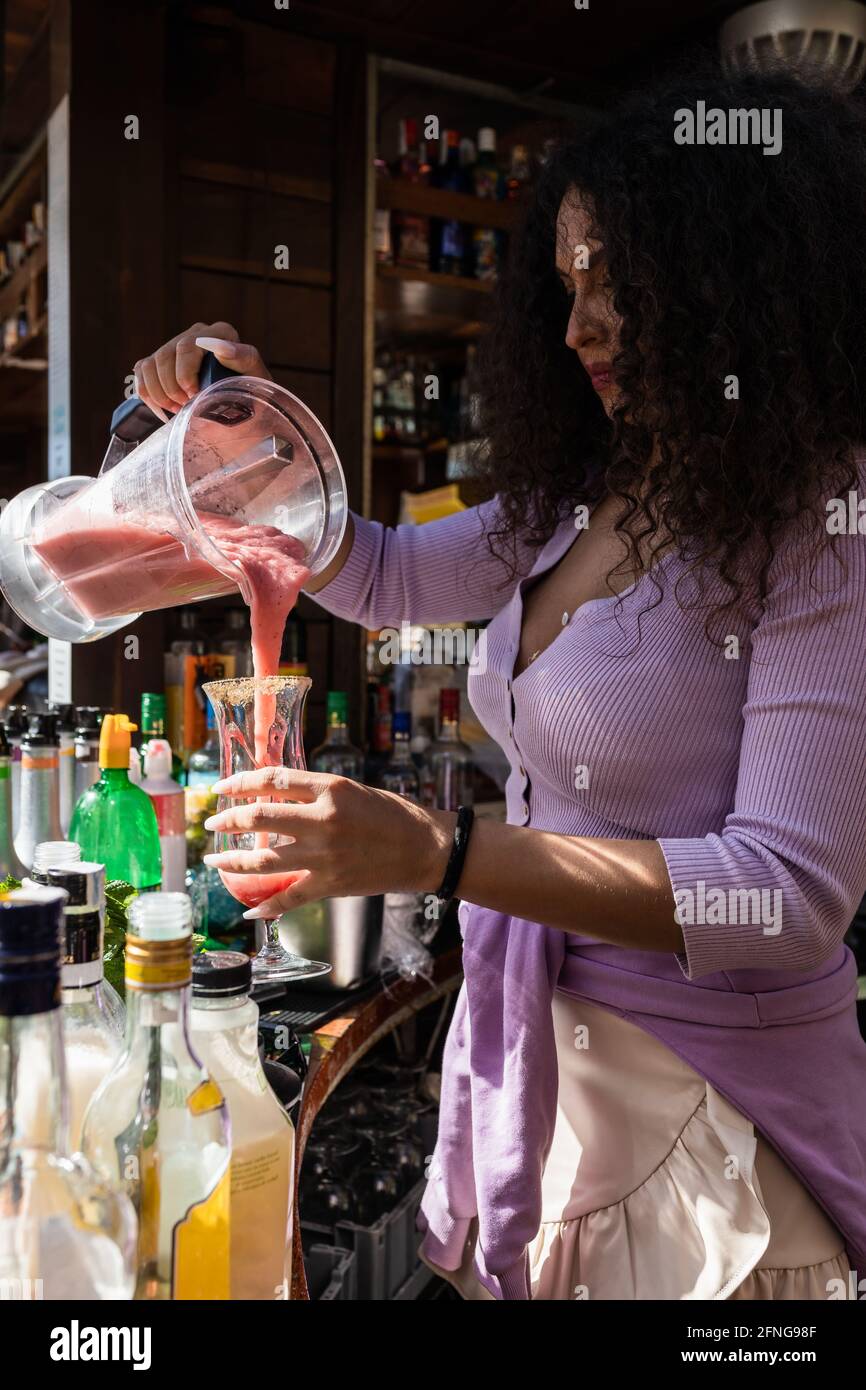 Professional female bartender in apron pouring fresh berry slush ...