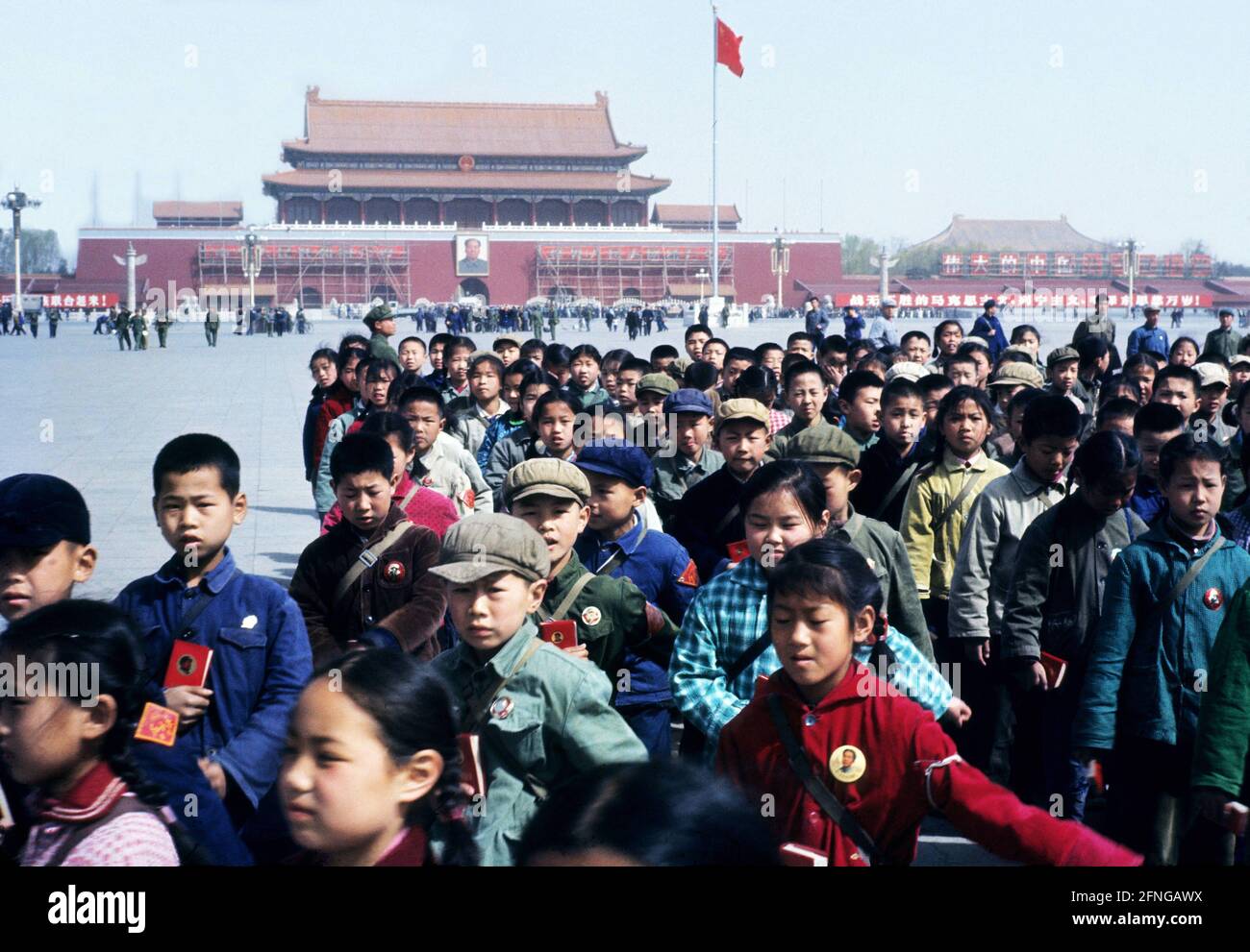 China, Beijing, February 1971 Photo: Schoolchildren on Tien an Mien ...