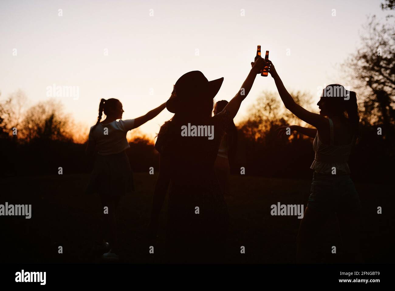 Group of happy women gathering in park and clinking bottles of beer ...