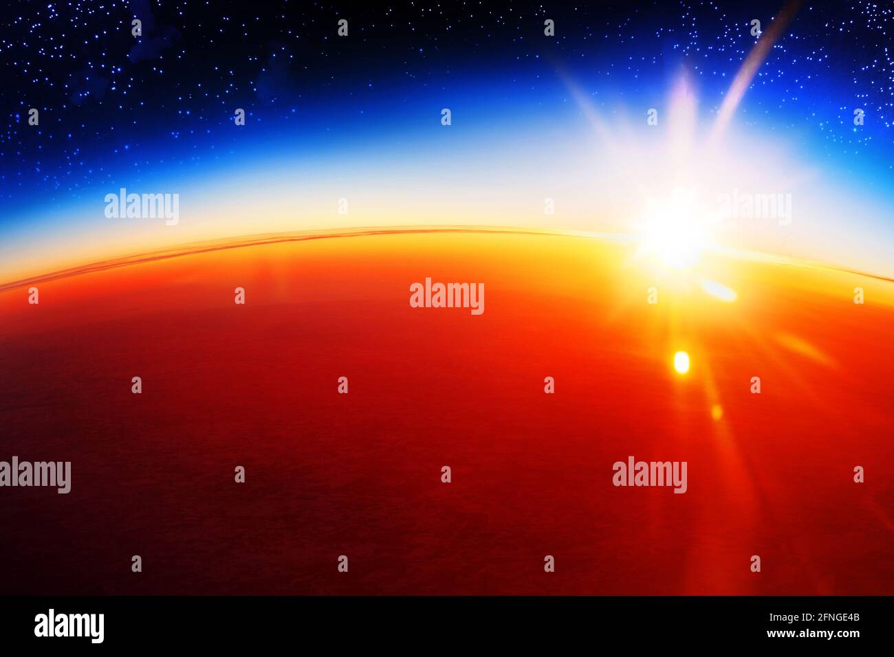 Cosmic sunset landscape, sunrise in cosmos over planet Earth horizon ...