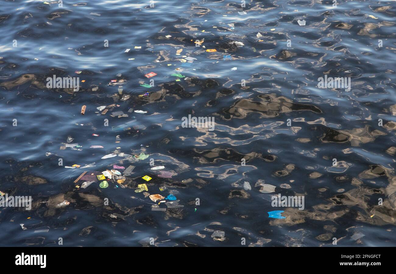 Garbage in the sea. Ecological problem. Trash in sea water. Plastic ...