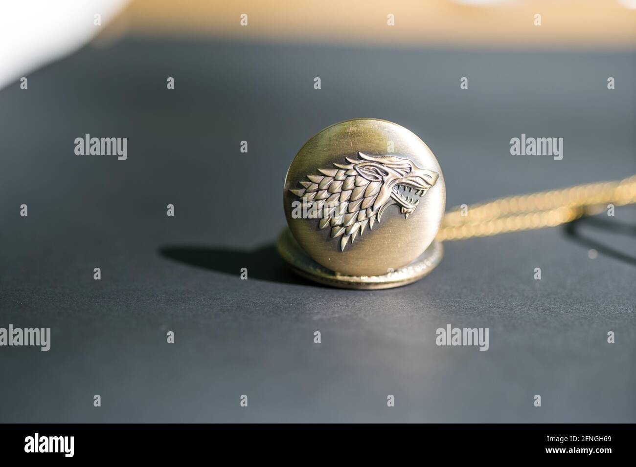 Pocket watch with a wolf head design closeup. Selective Focus Stock ...