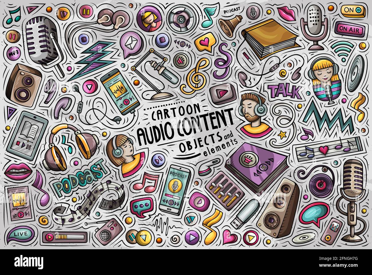 Colorful vector set of Audio content theme objects and symbols Stock ...