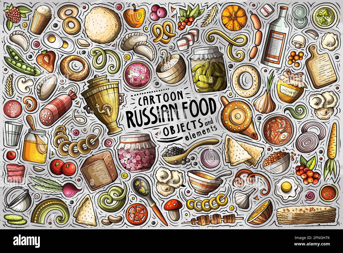 Vector doodle cartoon set of Russian food theme objects and symbols ...