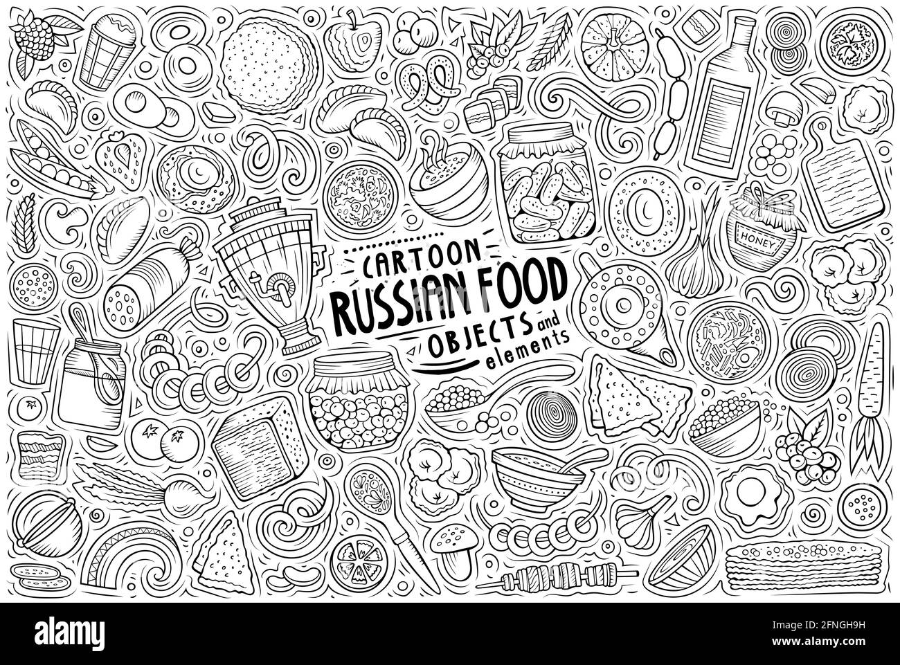 Vector doodle cartoon set of Russian food theme objects and symbols ...