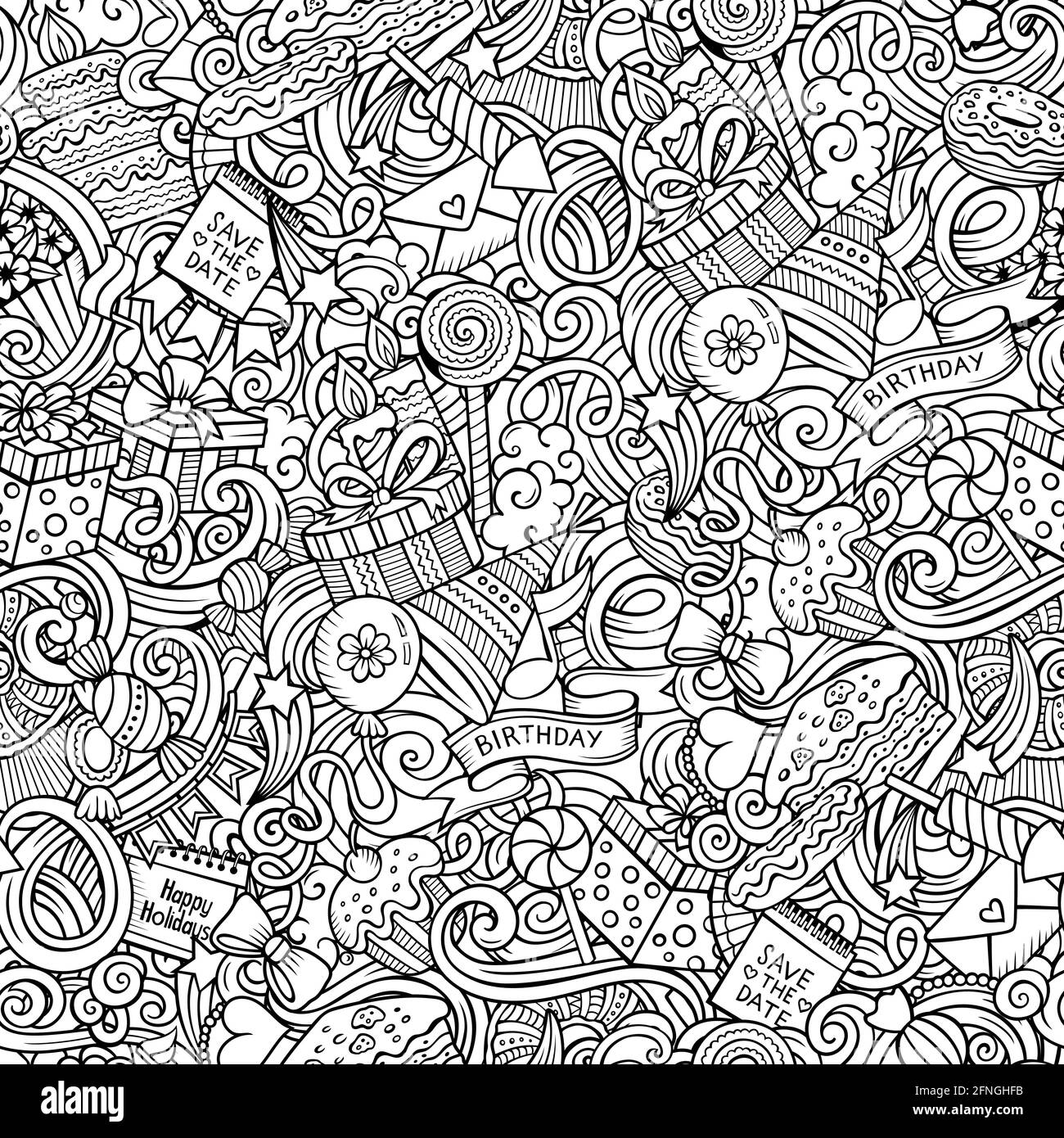 Happy Birthday hand drawn doodles seamless pattern Stock Vector Image ...