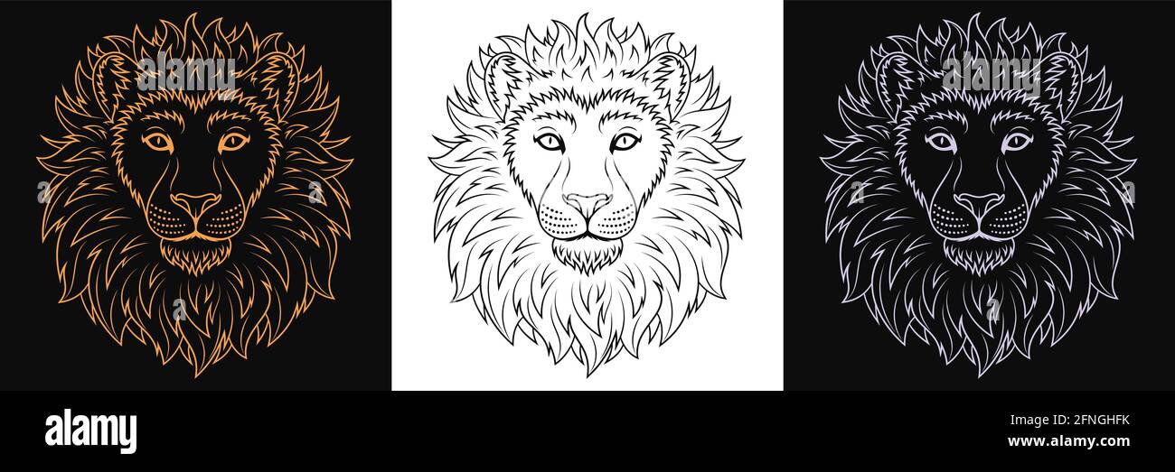 Gold, black and silver lion head, set of isolated outline lion face ...
