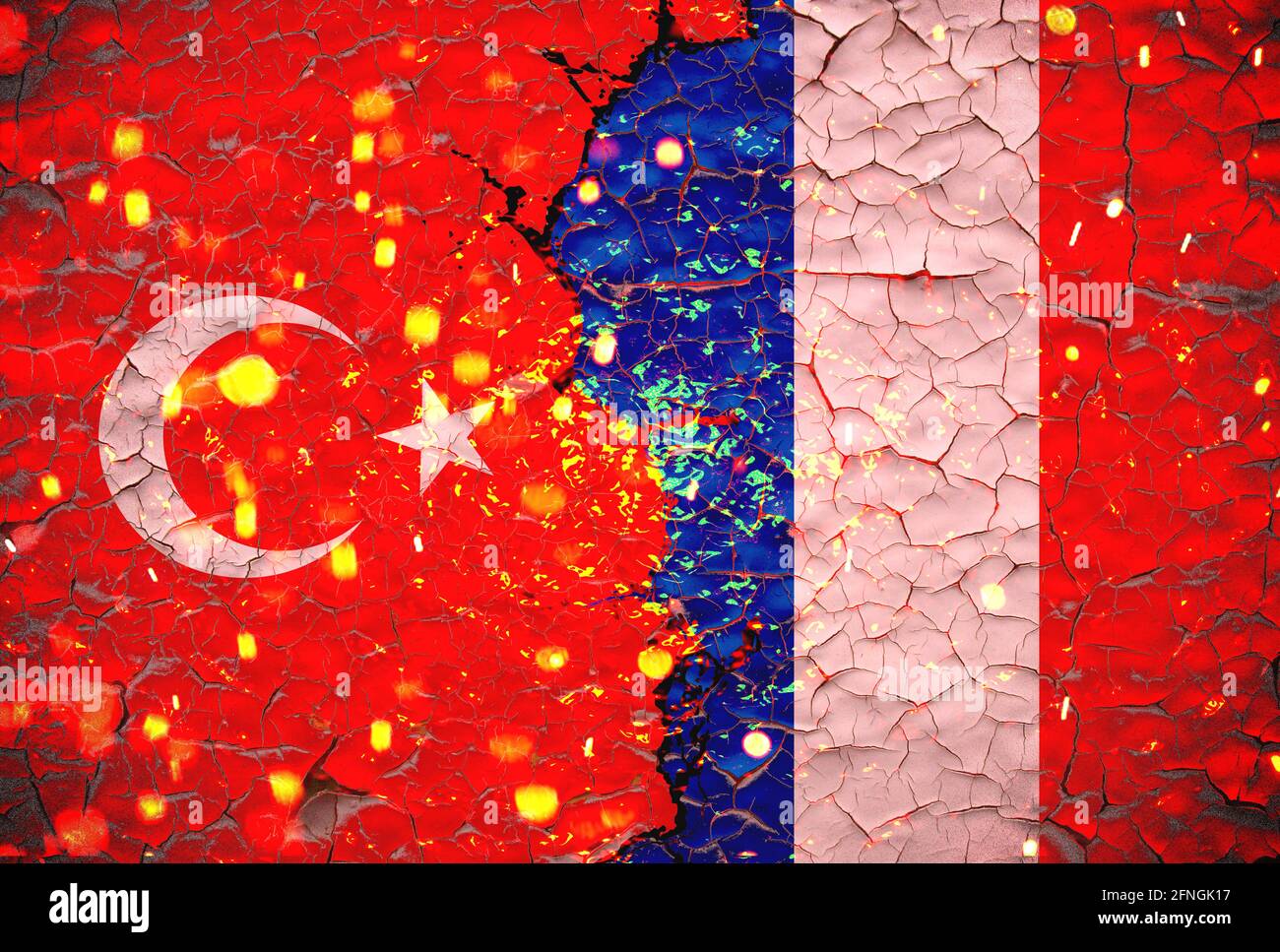 Grunge France VS Turkey national flags icon pattern isolated on broken ...