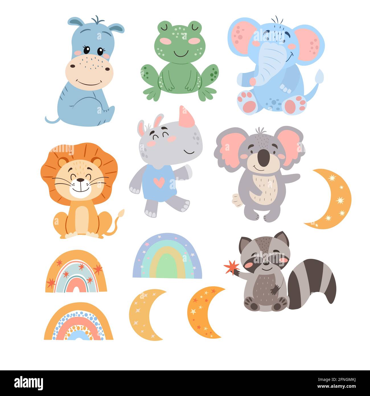 Set of cute cartoon animals, rainbows and moons in vector graphics ...