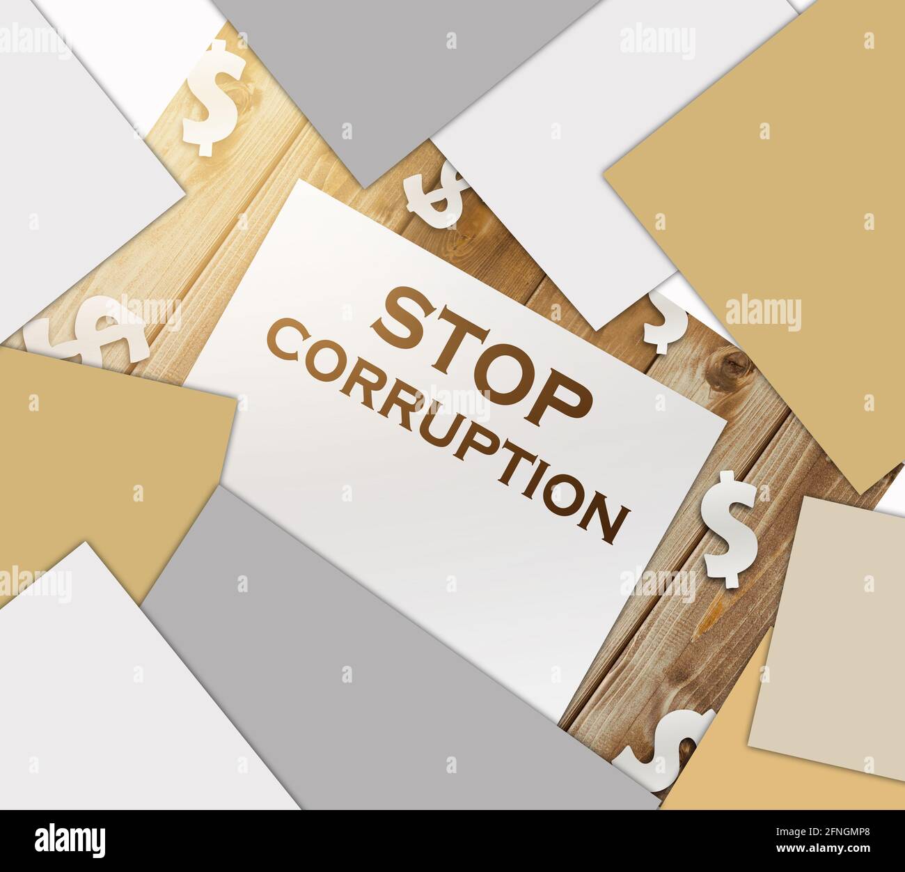 Stop Corruption Words on page and paper dollar signs around on wooden ...
