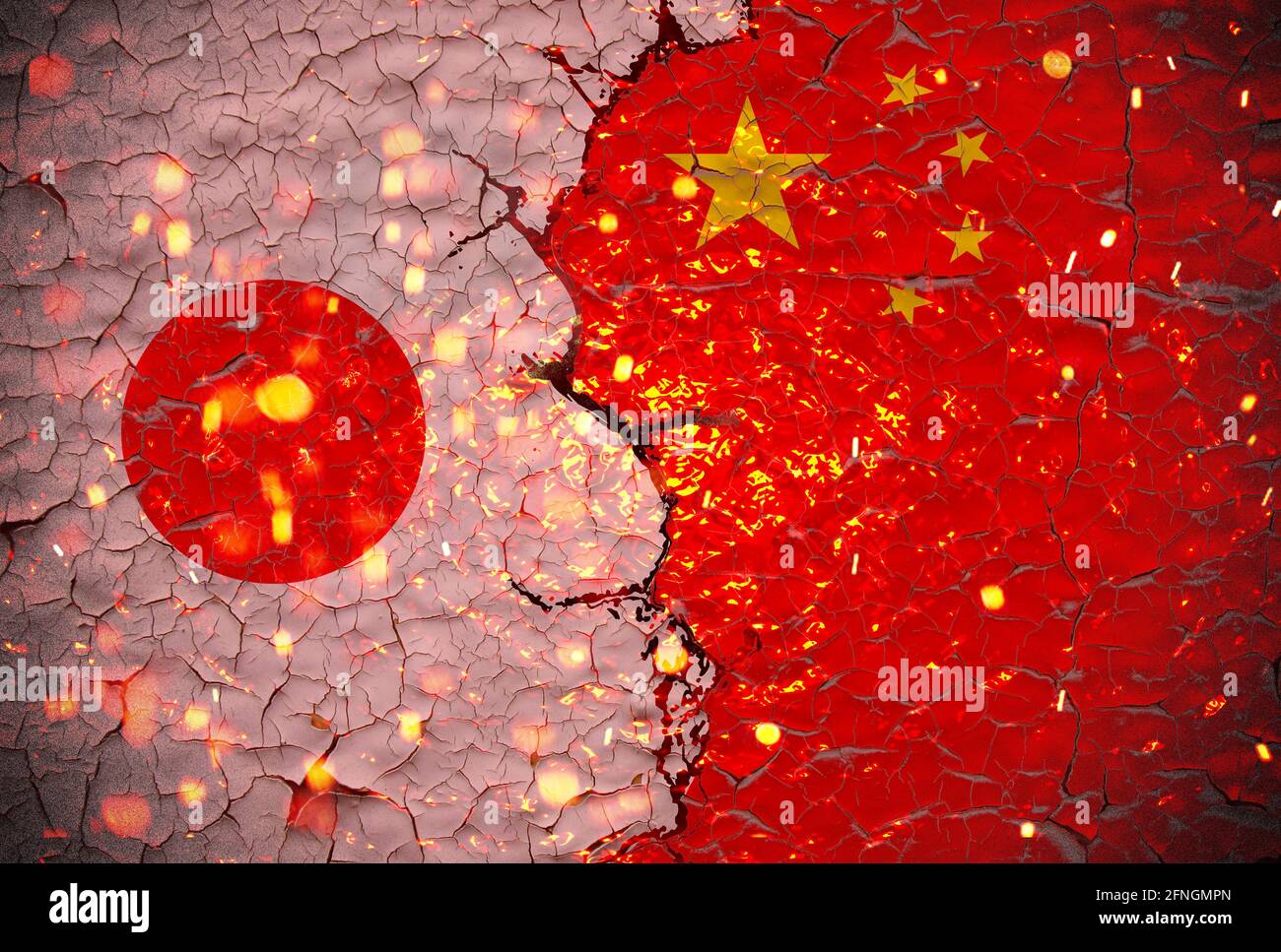 Grunge Japan VS China national flags icon pattern isolated on broken ...