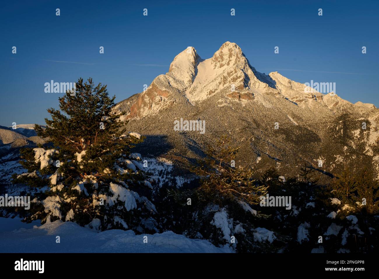 Pedraforca mountain at sunrise, after a snowfall, viewed from Maçaners ...