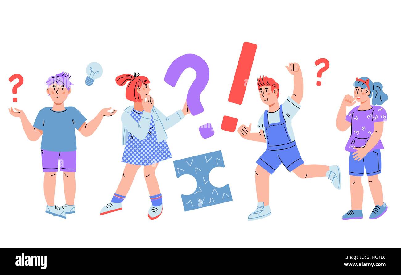 Thinking, doubting and confused children have questions, cartoon vector ...