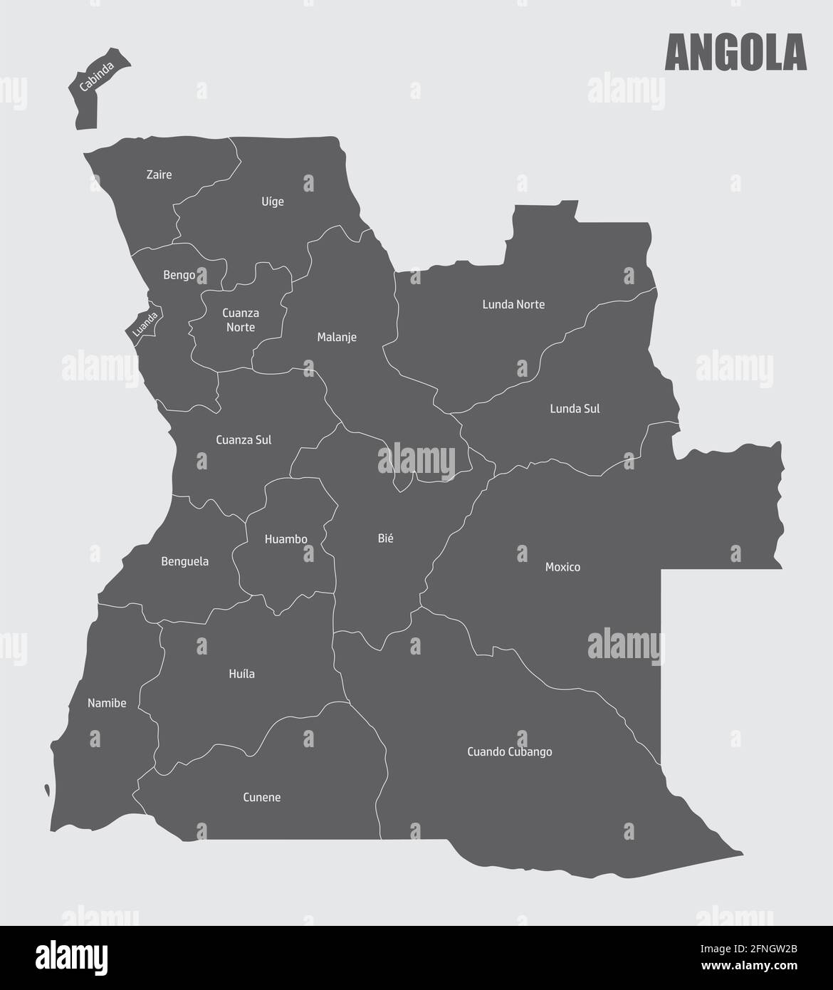 The Angola isolated map divided in provinces with labels Stock Vector ...