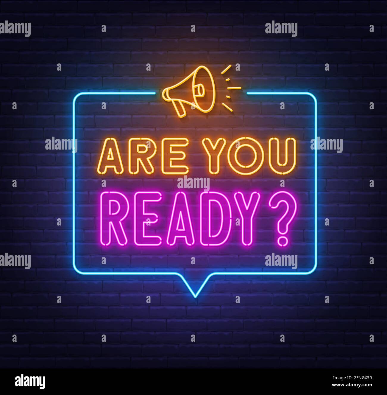 Are You Ready neon sign in the speech bubble on brick wall background ...