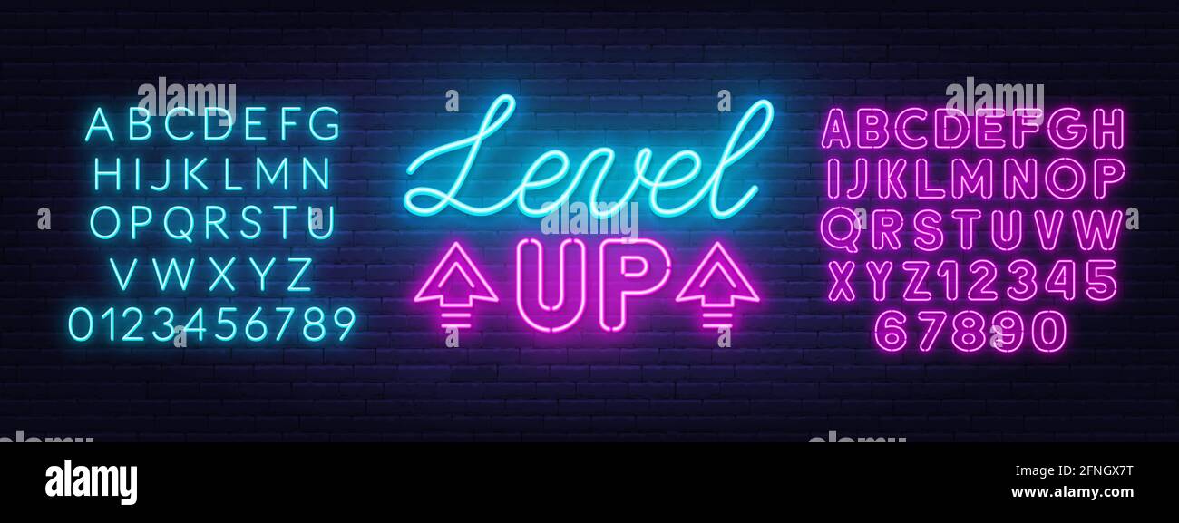 Level up neon sign on brick wall background . Neon blue and pink ...
