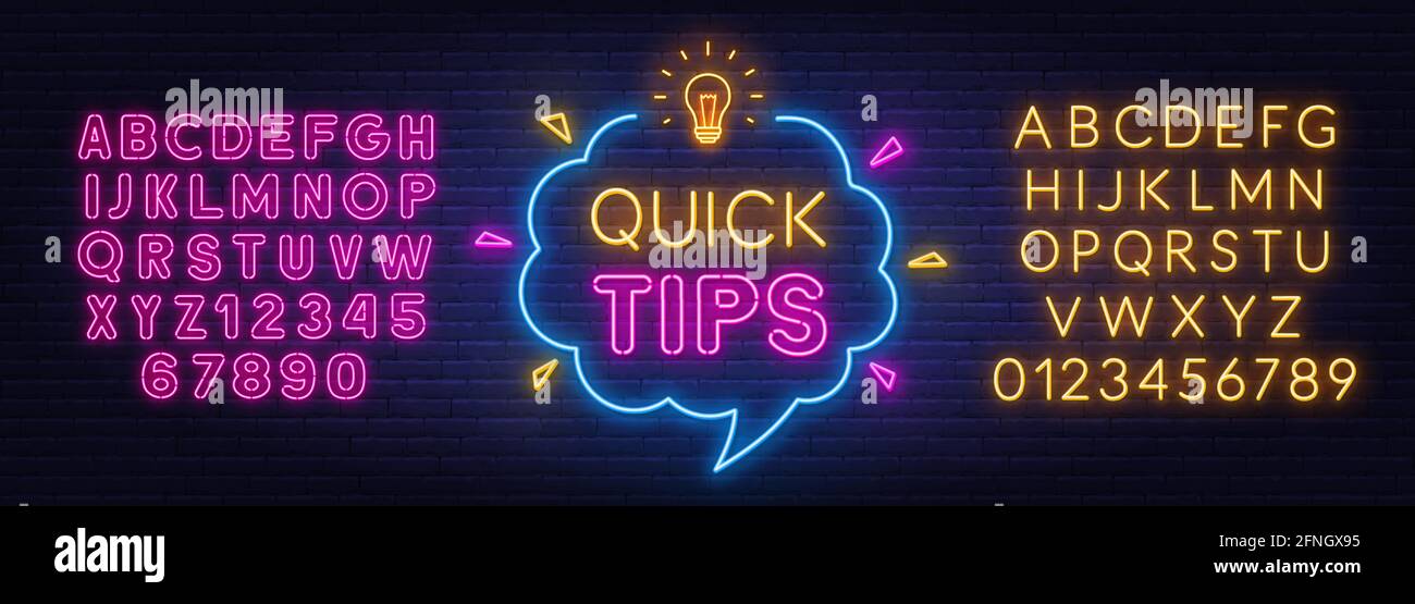 Quick Tips neon sign in the speech bubble on brick wall background ...