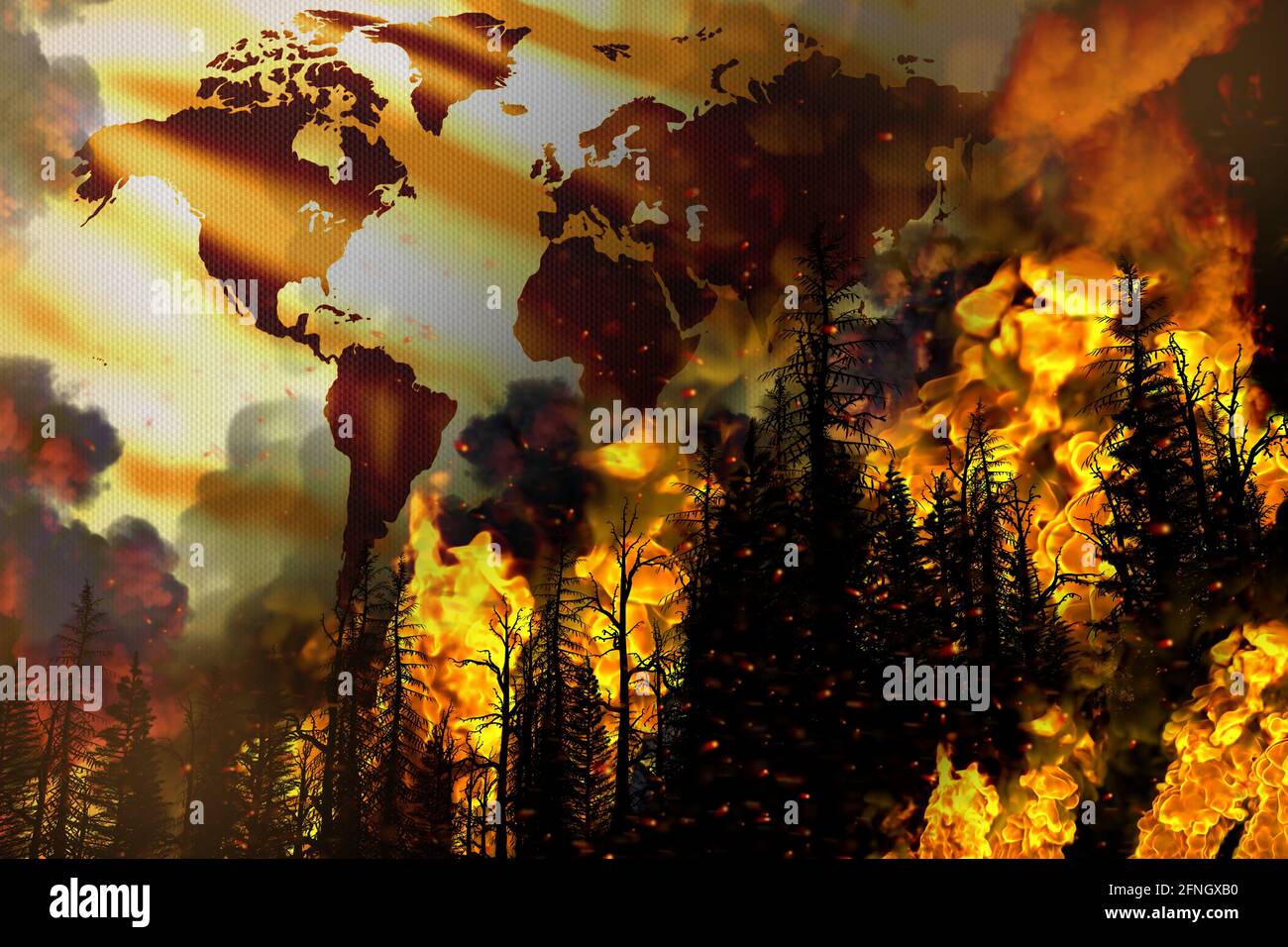 Big forest fire fight concept, natural disaster - flaming fire in the ...