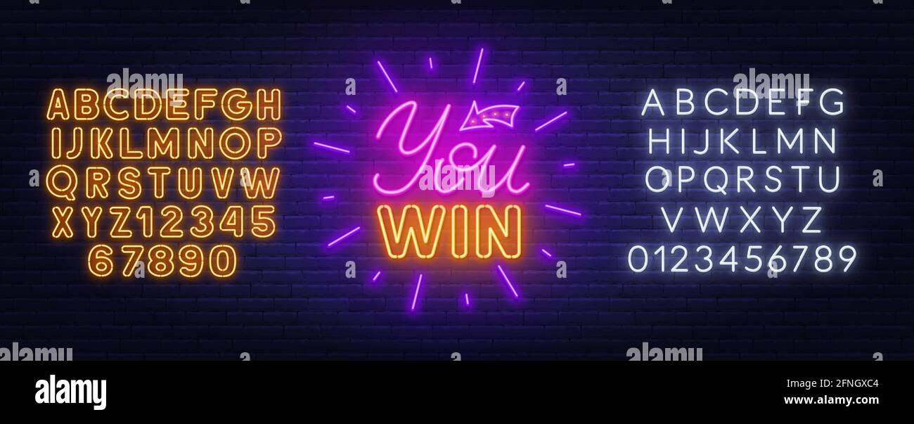 You win neon sign on a brick wall background. Neon yellow and white ...