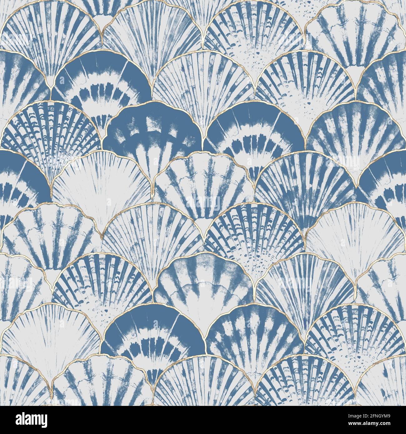 Watercolor sea shell japanese waves seamless pattern. Hand drawn ...