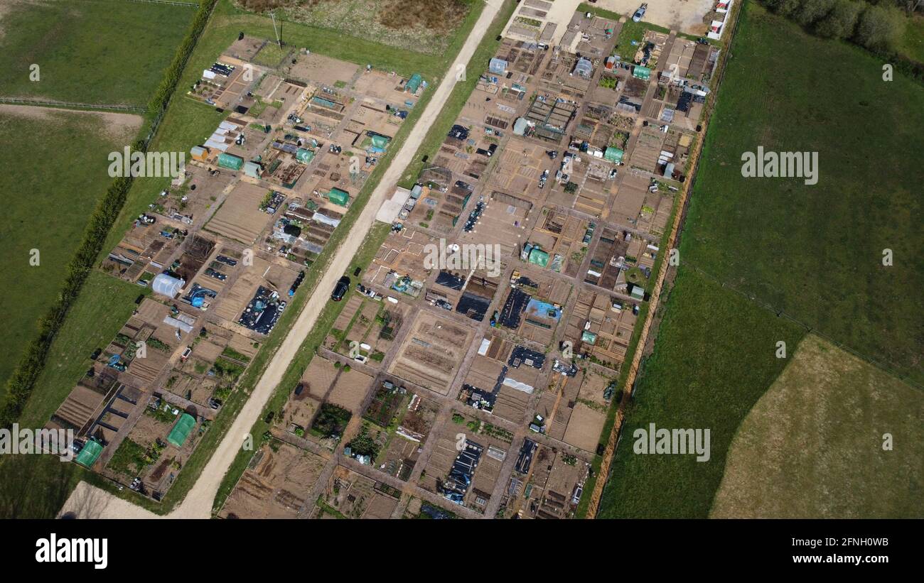 An aerial view of some allotments surrounded by fields Stock Photo - Alamy