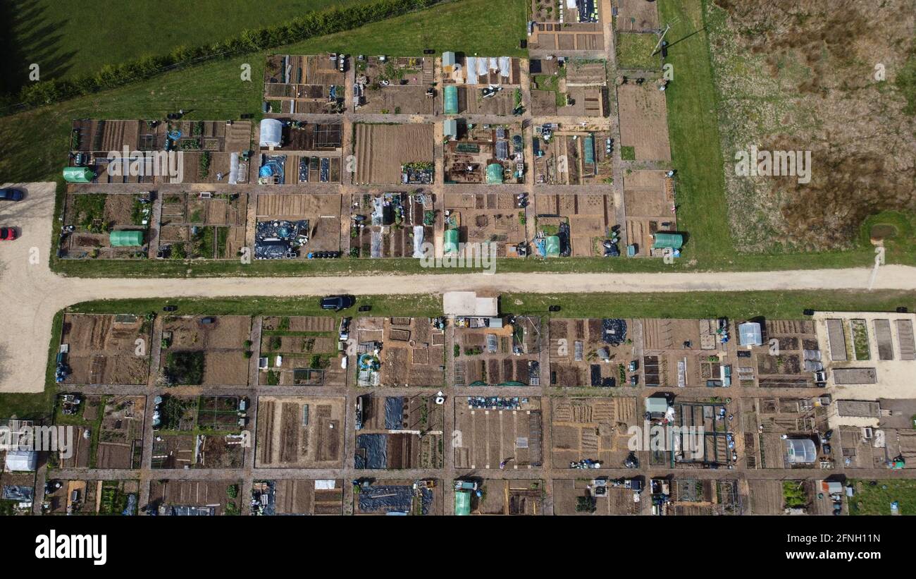An aerial view of some allotments surrounded by fields Stock Photo - Alamy