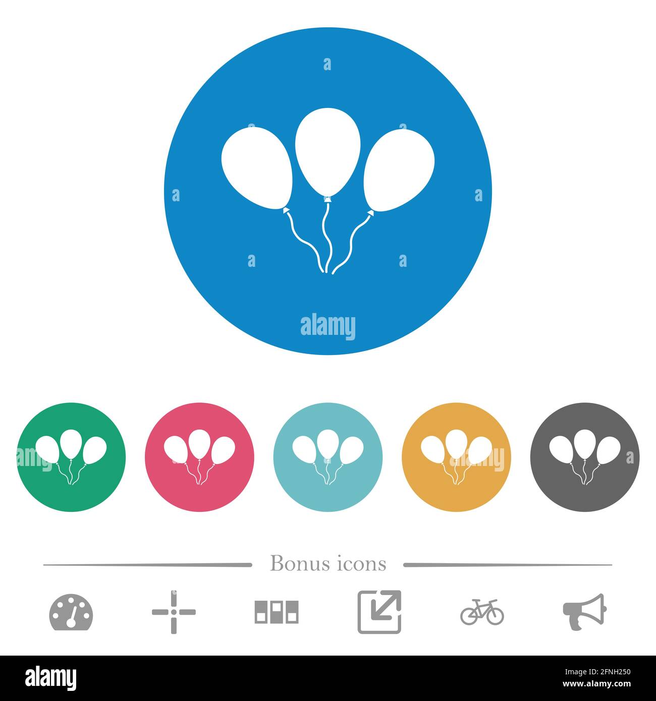 Three balloons flat white icons on round color backgrounds. 6 bonus ...