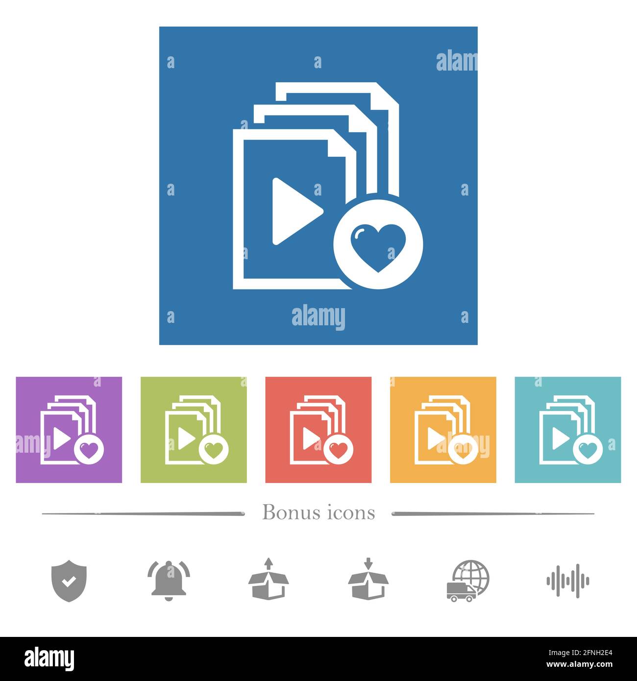 Favorite playlist flat white icons in square backgrounds. 6 bonus icons ...