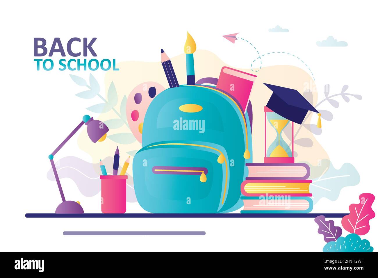 Back to school banner template. Kids backpack with education equipment ...