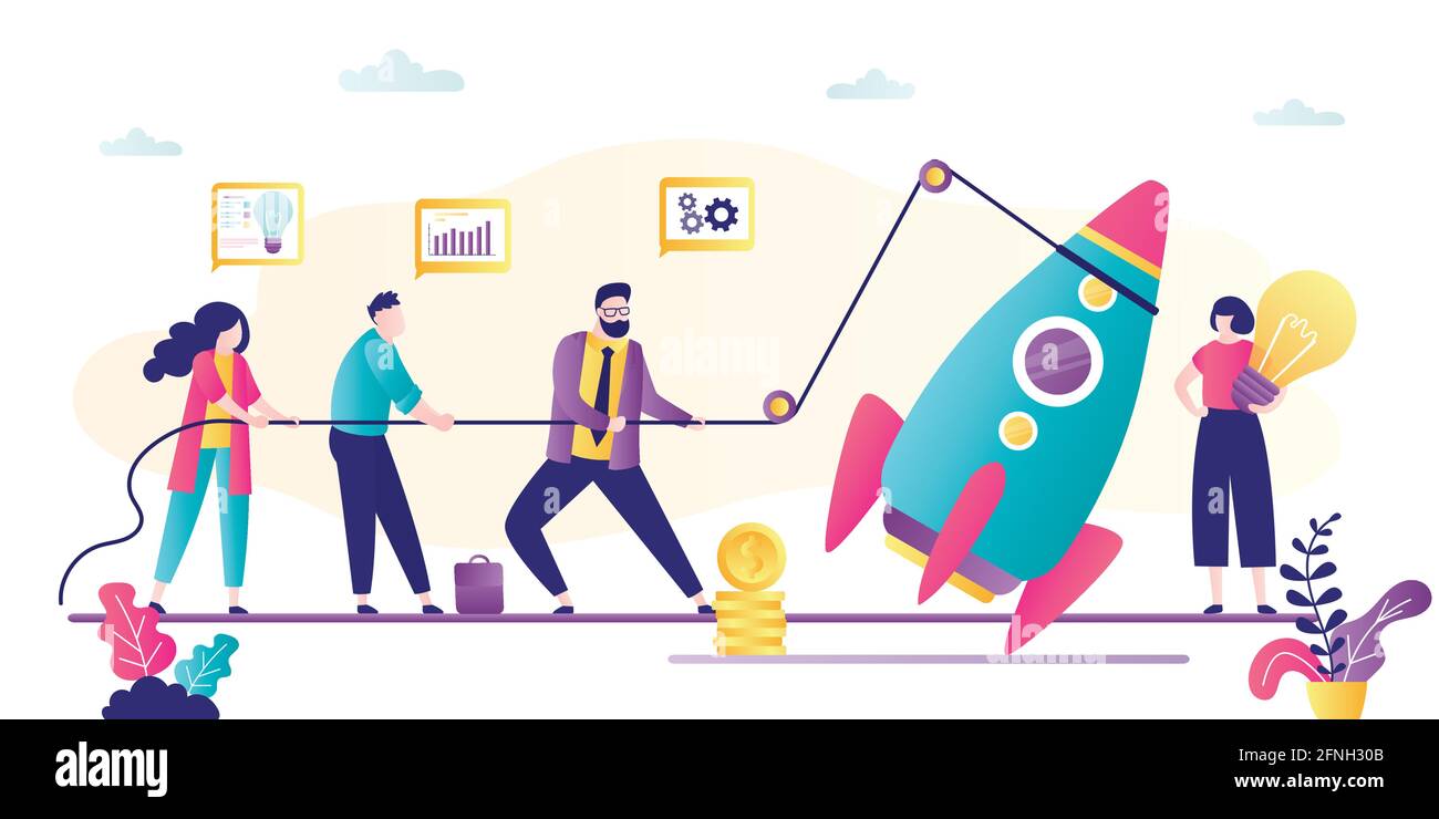 Businesspeople using rope for rocket launch. Business team create new ...