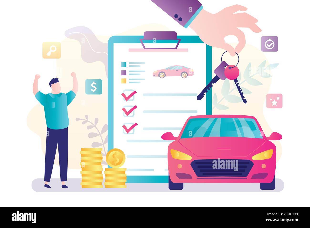 Cartoon man buys new car. Male character enjoys new purchase. Contract ...